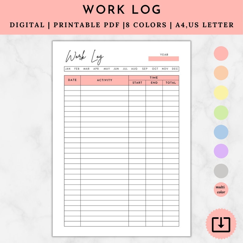 Work Log Printabletime Spent Trackerworking Hours Work Time - Etsy