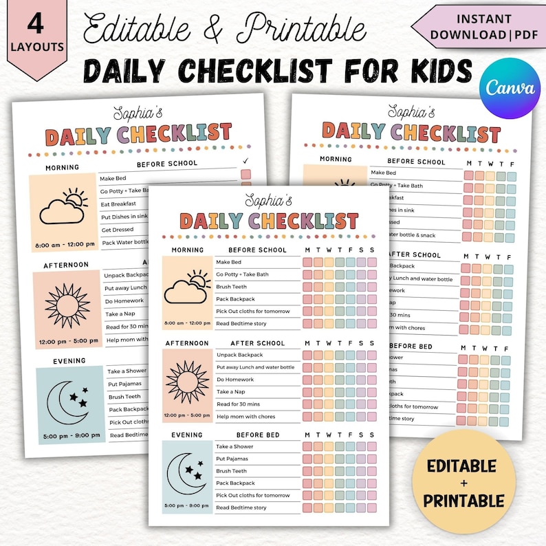 Editable Kids Daily and Weekly Chore Chart,daily Checklist for Kids ...