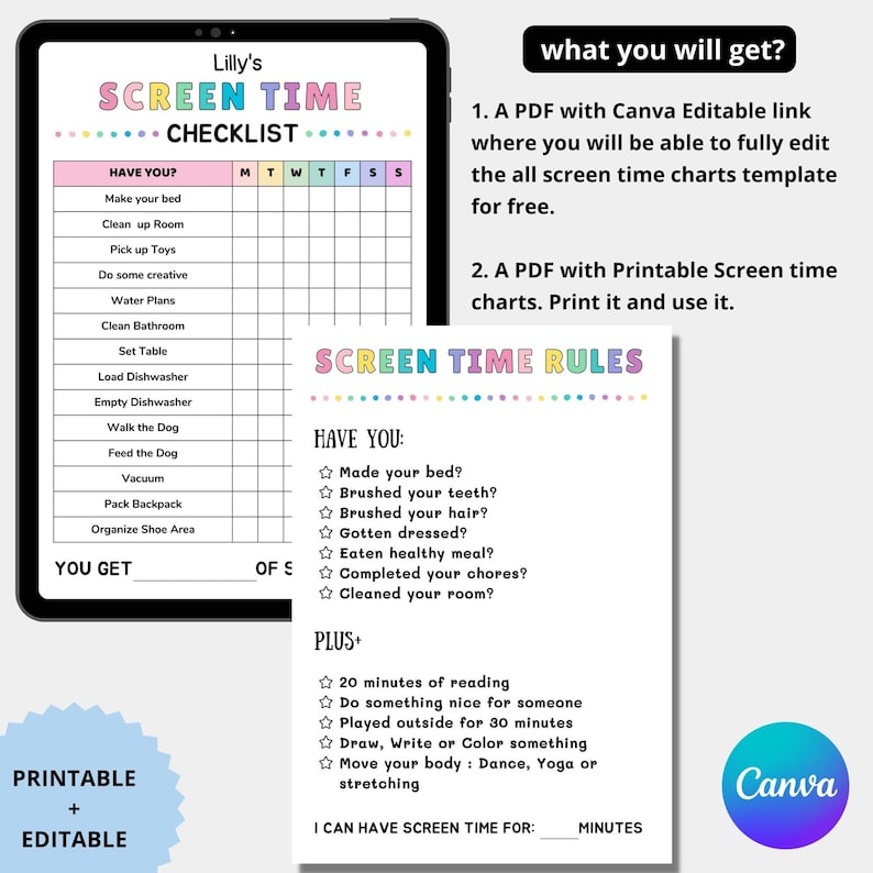 Editable Screen Time Checklist, Screen Time Rules,screen Time Chore ...