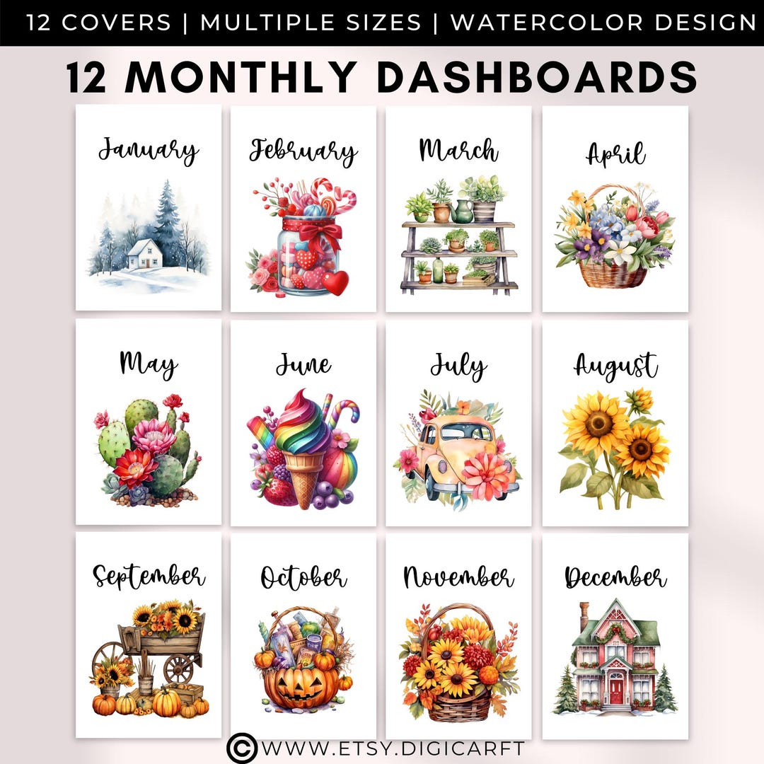 12 Monthly Planner Covers Bundle,digital Monthly Dividers,watercolor A5 ...