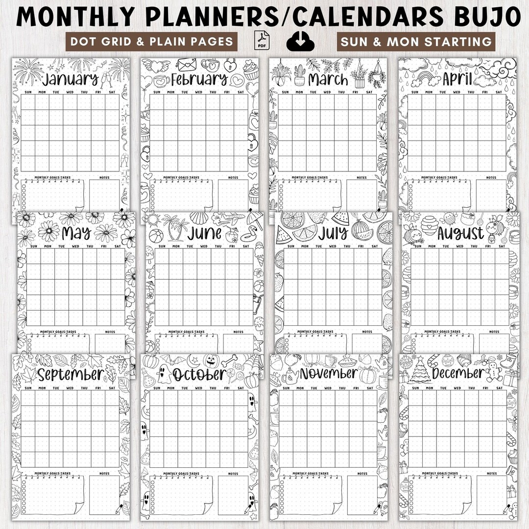 12 Month Calendar Pages A5 Journal Monthly Calendar Planner With Goals ...