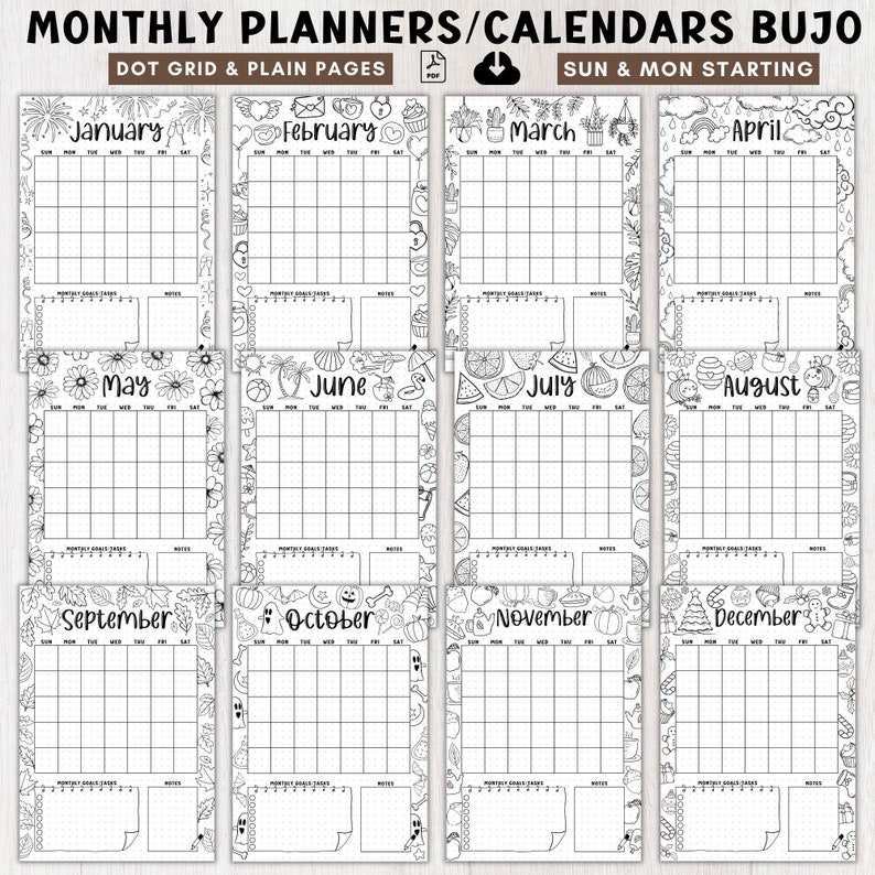 12 Month Calendar Pages A5 Journal Monthly Calendar Planner With Goals ...