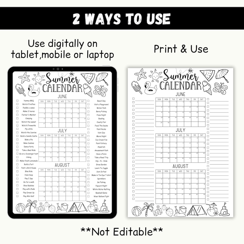 Summer Calendar 2025 Printable,summer Activities Calendar, Bucket List ...