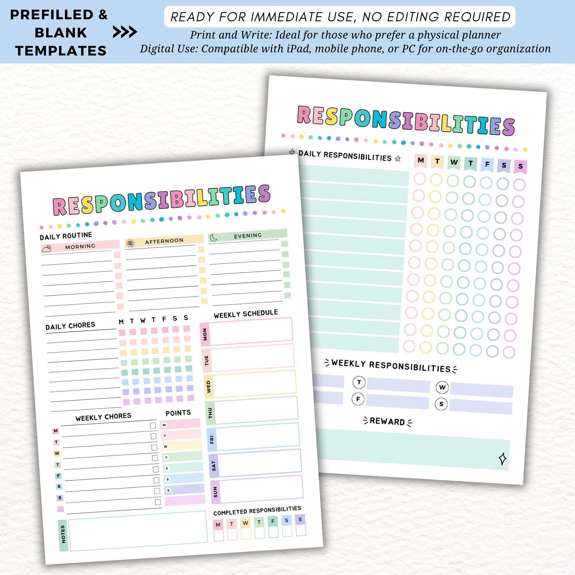 Editable Responsibility Chart for Kids,printable Responsibilities Chart ...