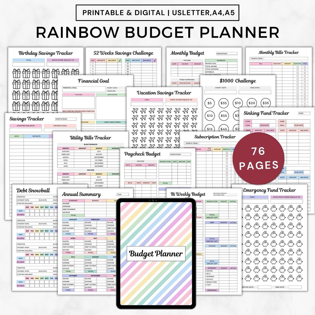 Rainbow Budget Finance Planner Bundle Printable,digital Finance Journal ...