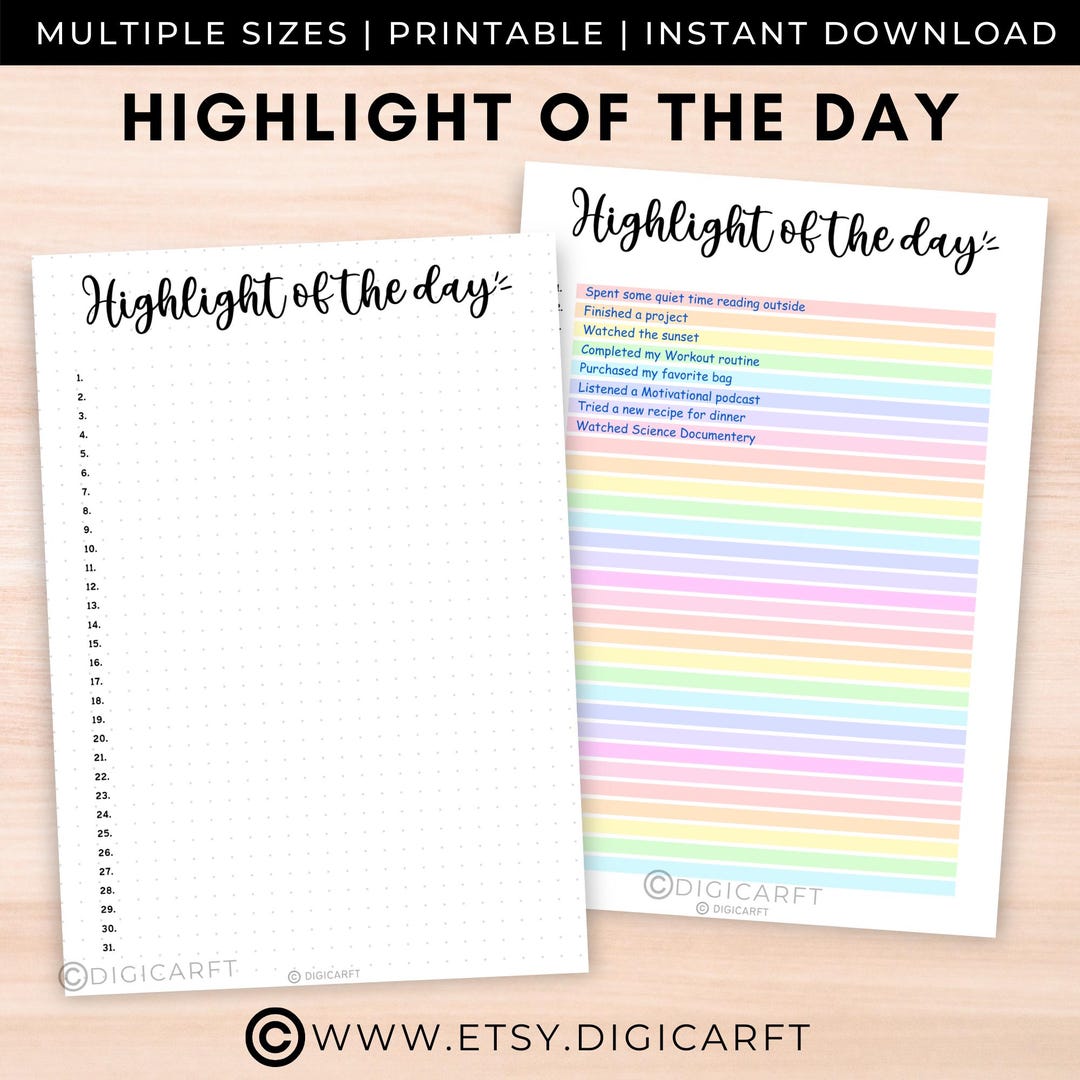 Highlight of the Day A5 Tracker Printable,monthly Highlights Digital ...