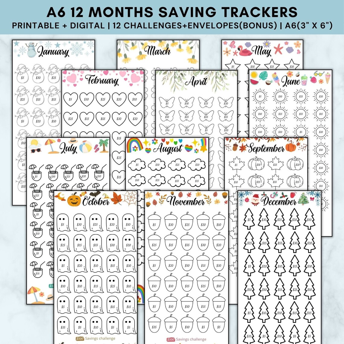 12 Month Savings Challenge Trackersa6 Savings Challenge - Etsy