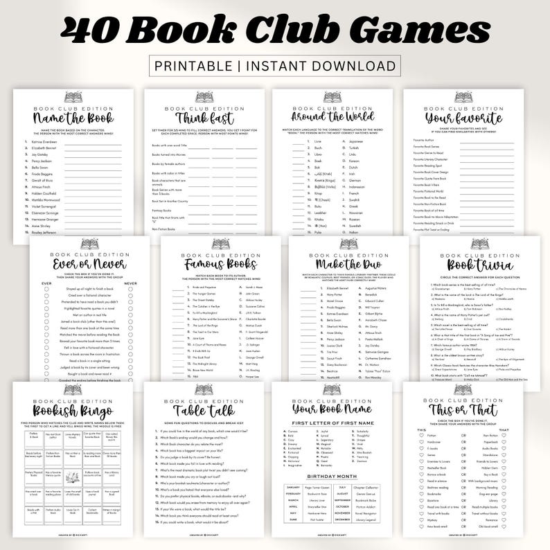 Book Club Games Bundle: 40 Printable Activities, Discussion Starters ...