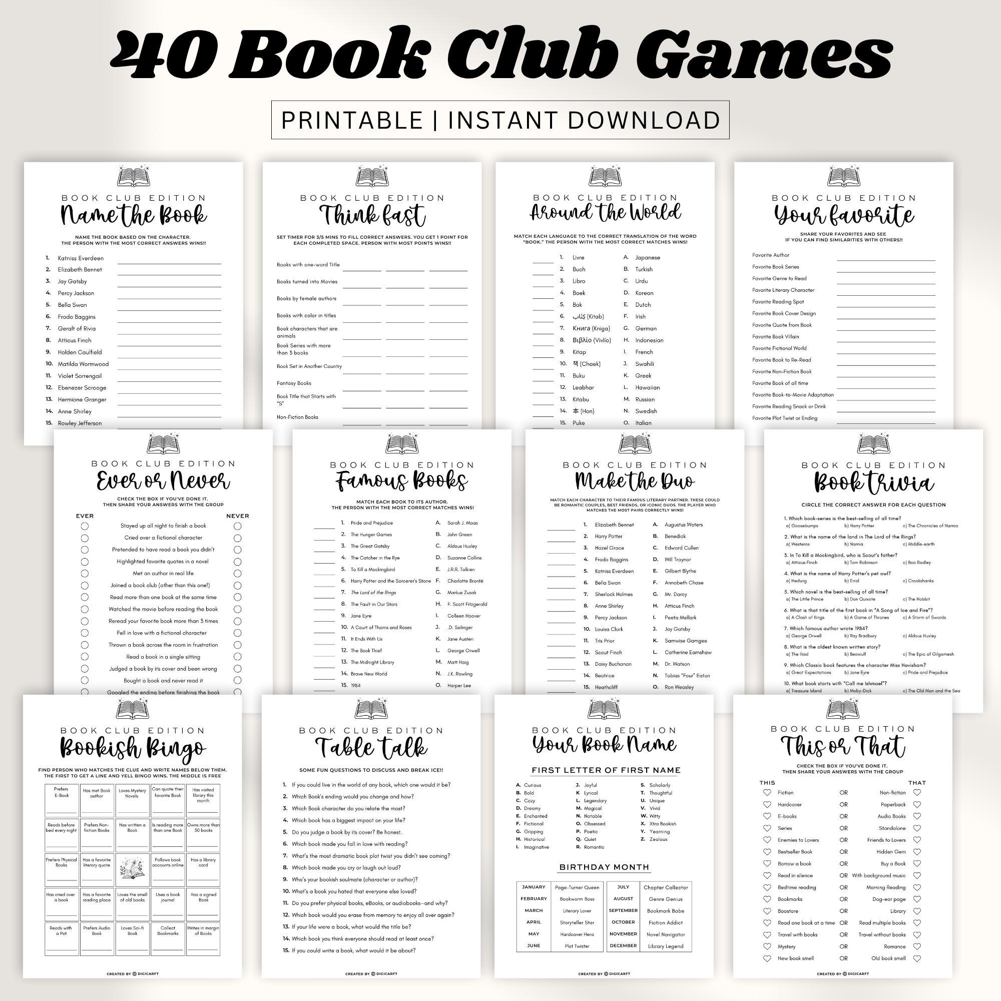 Book Club Games Bundle: 40 Printable Activities, Discussion Starters ...