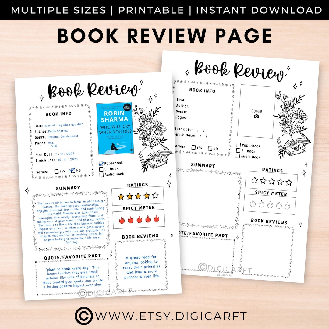 Book Review Template Printable,a5 Journal Reading Review Page,reading ...