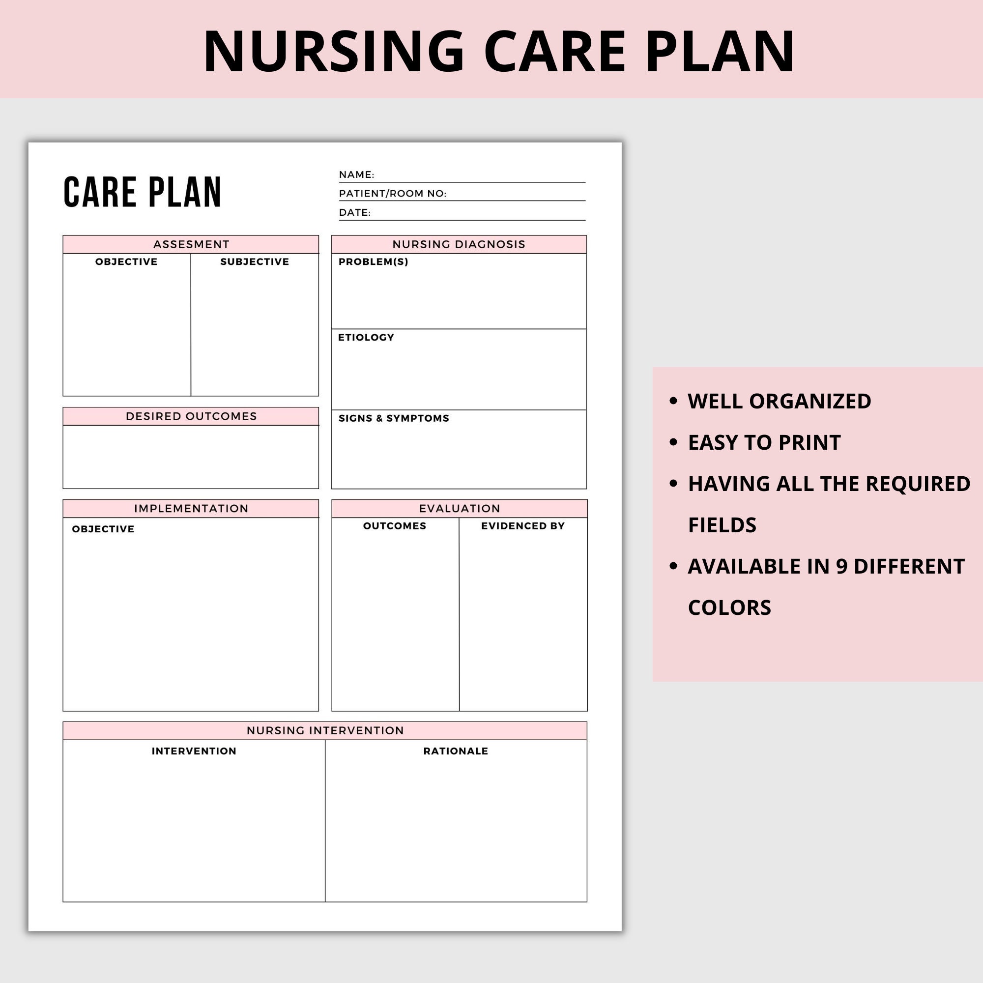 Nursing Care Plans Printablenurse Care Plan Etsy Uk