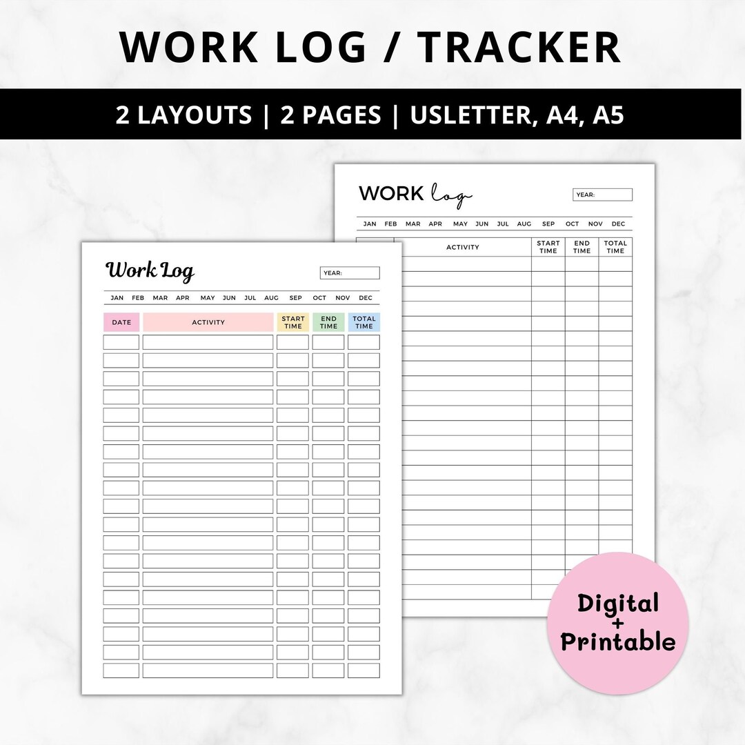 Work Log Printable,time Spent Tracker,working Hours, Work Time Log,task ...