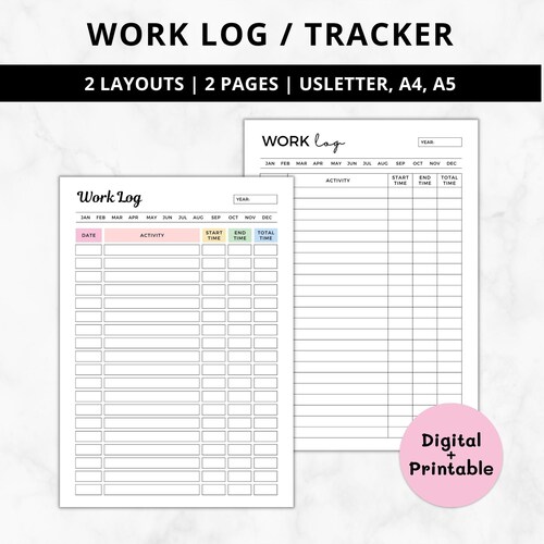 Work Log Printabletime Spent Trackerworking Hours Work Time - Etsy