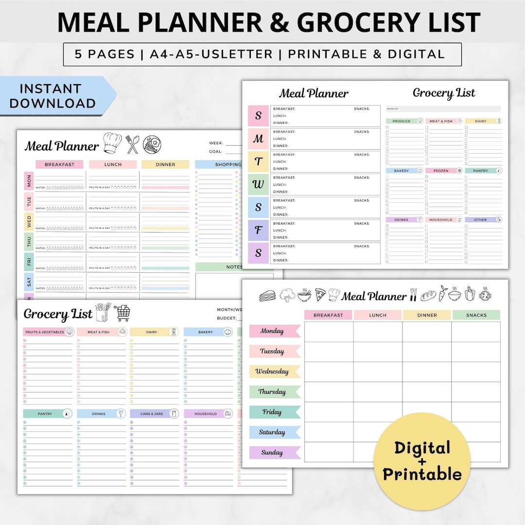 Weekly Meal Planner and Shopping List Printable,meal Prep and Grocery ...
