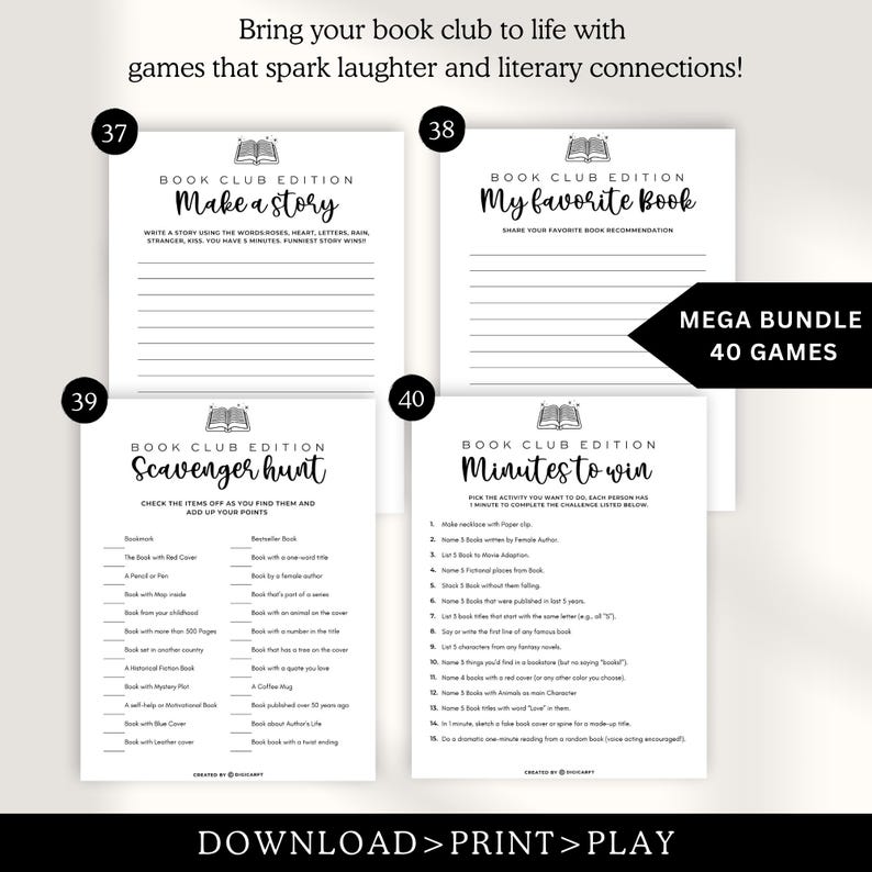 Book Club Games Bundle: 40 Printable Activities, Discussion Starters ...