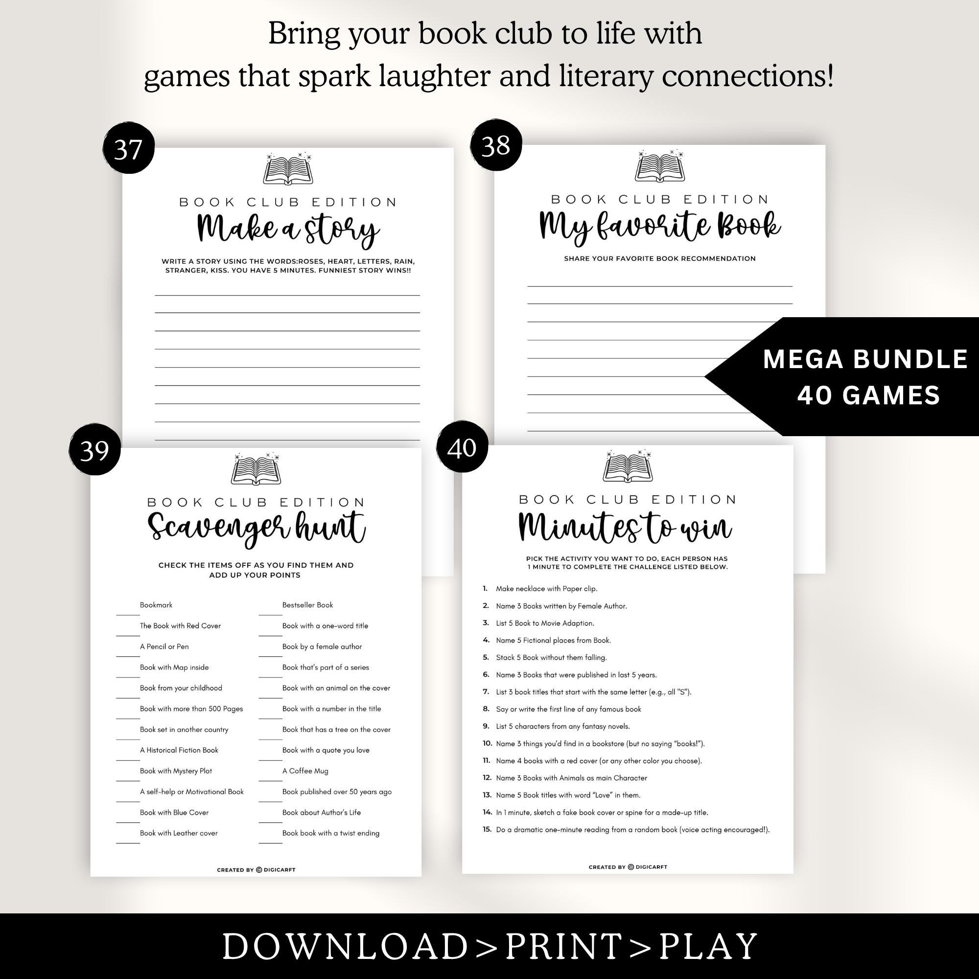 Book Club Games Bundle: 40 Printable Activities, Discussion Starters ...