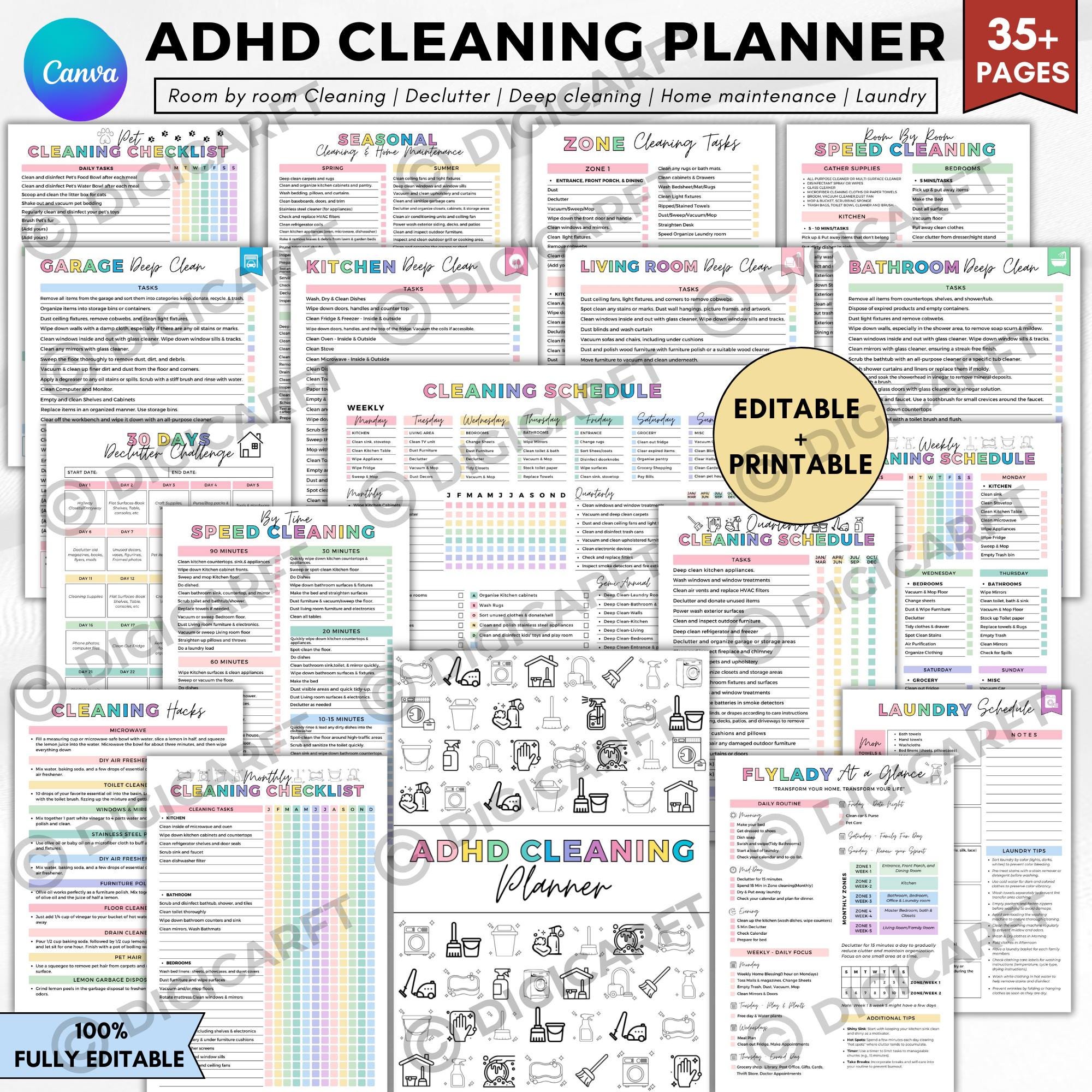 ADHD Cleaning Planner Bundle Pdf Editable Canva,home Cleaning Schedule ...