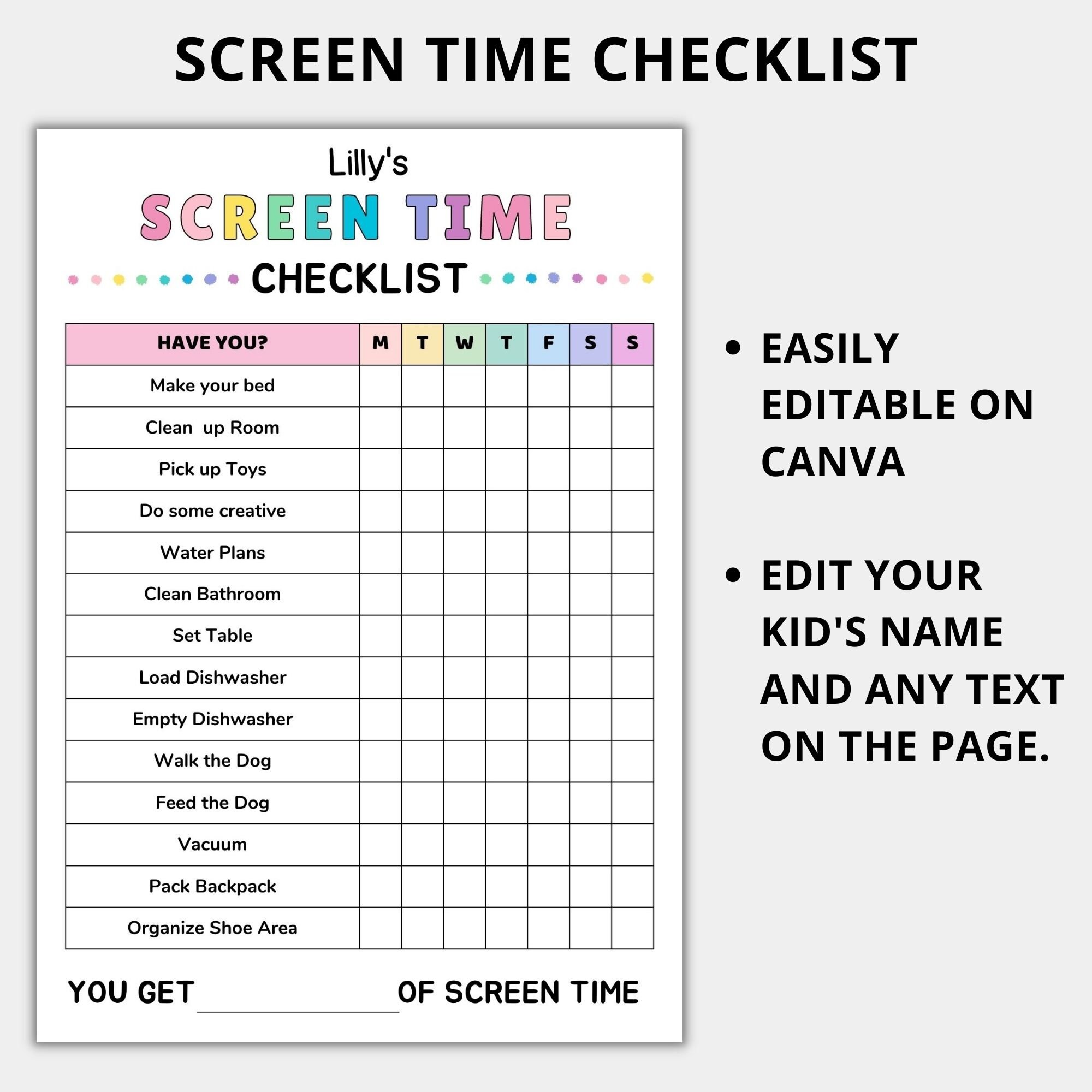 Editable Screen Time Checklist Screen Time Rulesscreen Time - Etsy