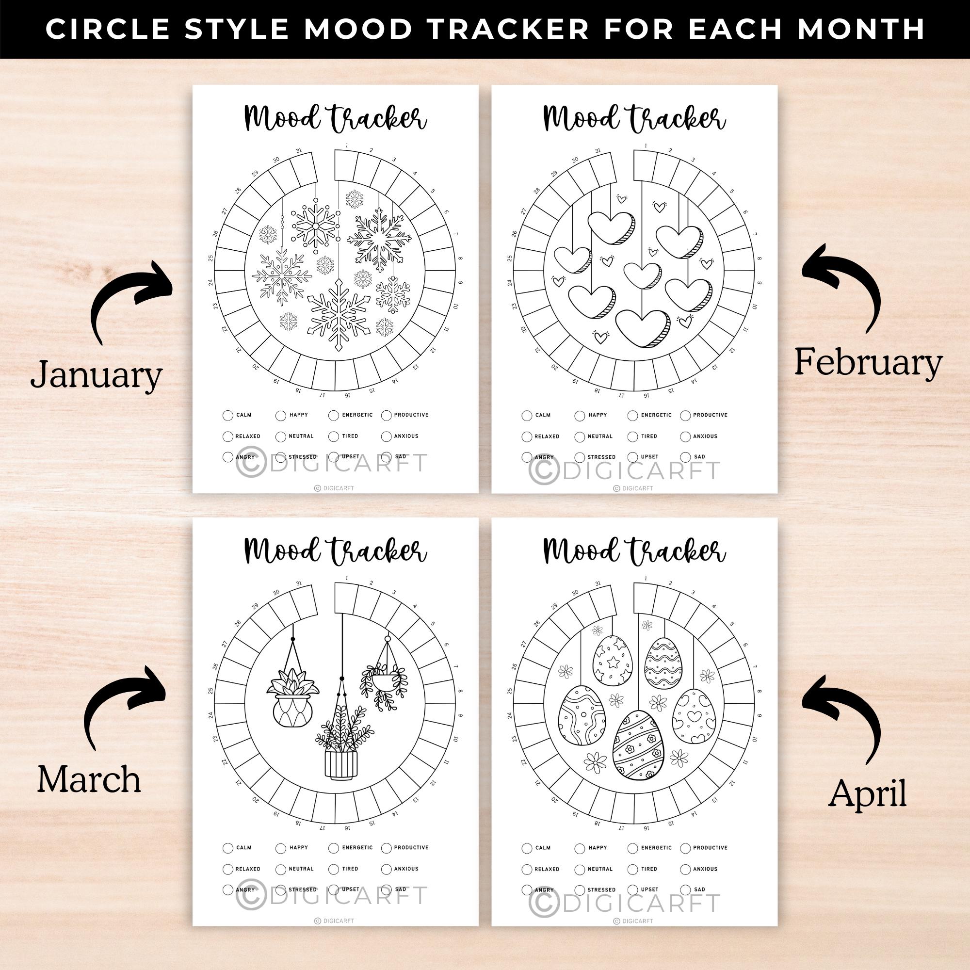 12 Monthly Mood Tracker Digicarft 2025,mood Habit Tracker in Circle ...