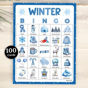 Winter Bingo Cards,100 Printable Winter Bingo Game,family Winter Party ...