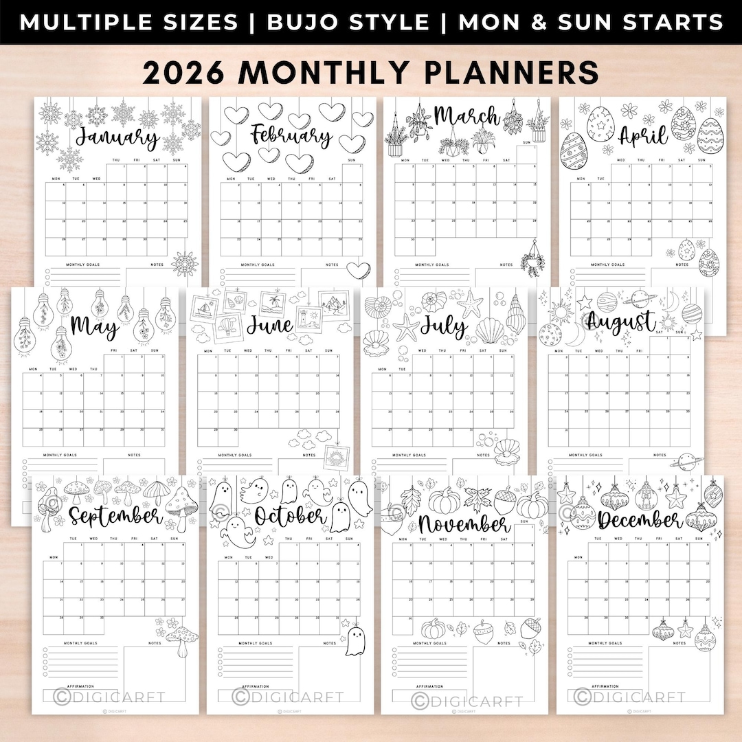 2026 Monthly Planner With Notes Printable,12 Monthly Planner Inserts ...