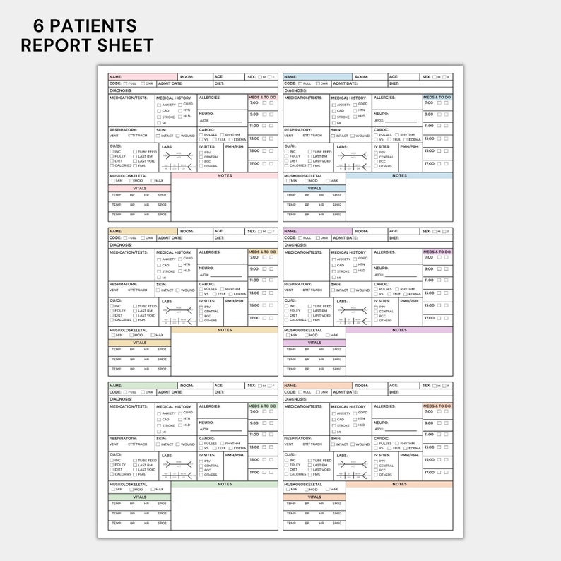 Nursing Report Sheet Multiple Patients,nurse Report Bundle Pdf,6 ...