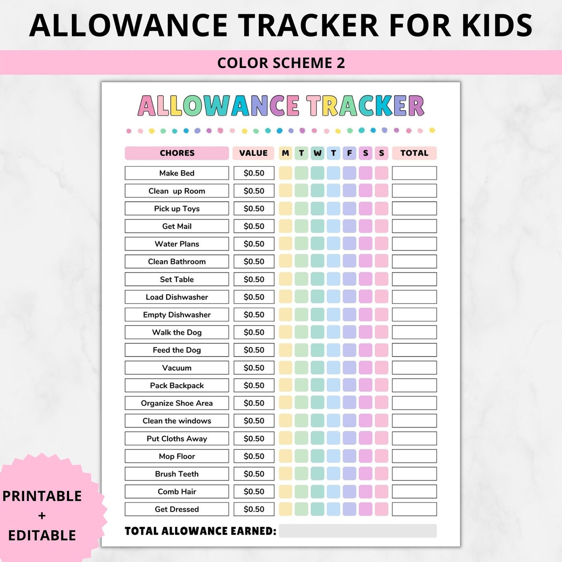 Editable Allowance Tracker for Kidsprintable Allowance Chore - Etsy