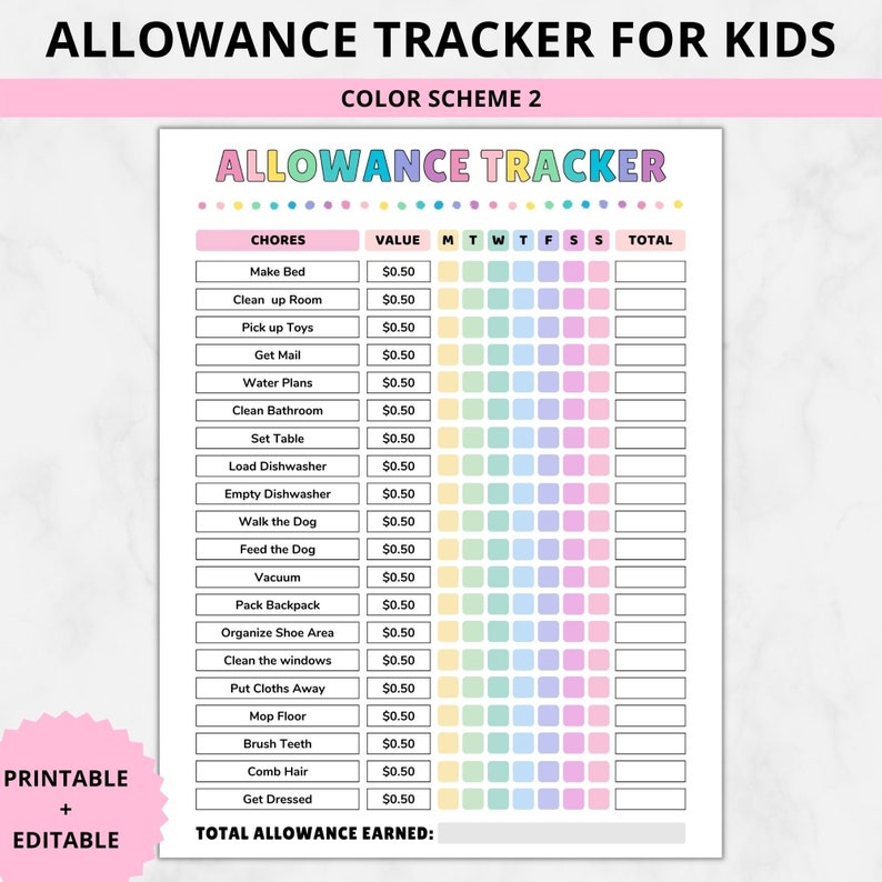Editable Allowance Tracker for Kidsprintable Allowance Chore - Etsy