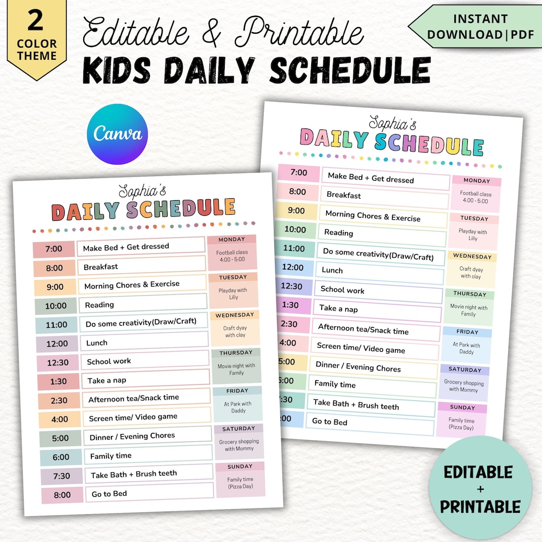 Editable Kids Daily Schedule Template,summer Daily Checklist for Kids ...