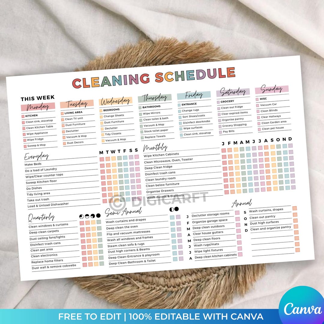 Editable Cleaning Schedule Checklist,adhd Home Cleaning Planner Daily ...