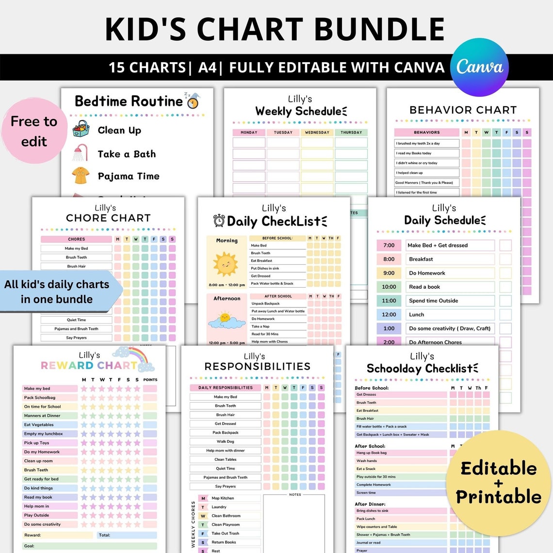 Editable Chore Chart for Multiple Kids Daily Checklist - Etsy Canada