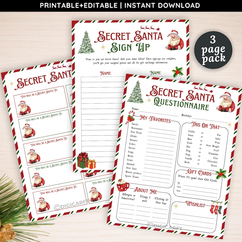 Secret Santa Questionnaire Editable for Coworkers,secret Santa Survey ...