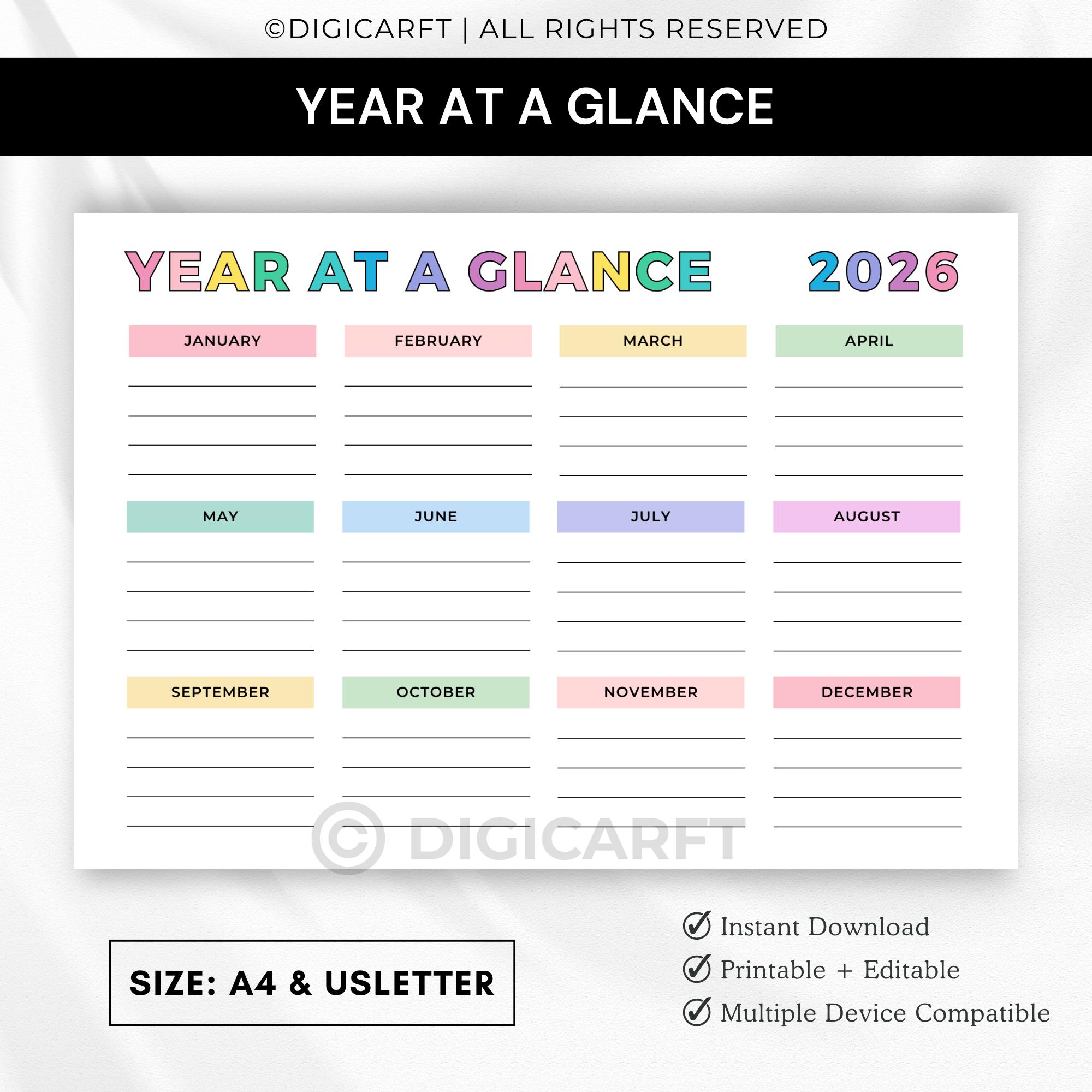 2026 Year at a Glance Calendar Printable,rainbow Yearly Planner 2026 ...
