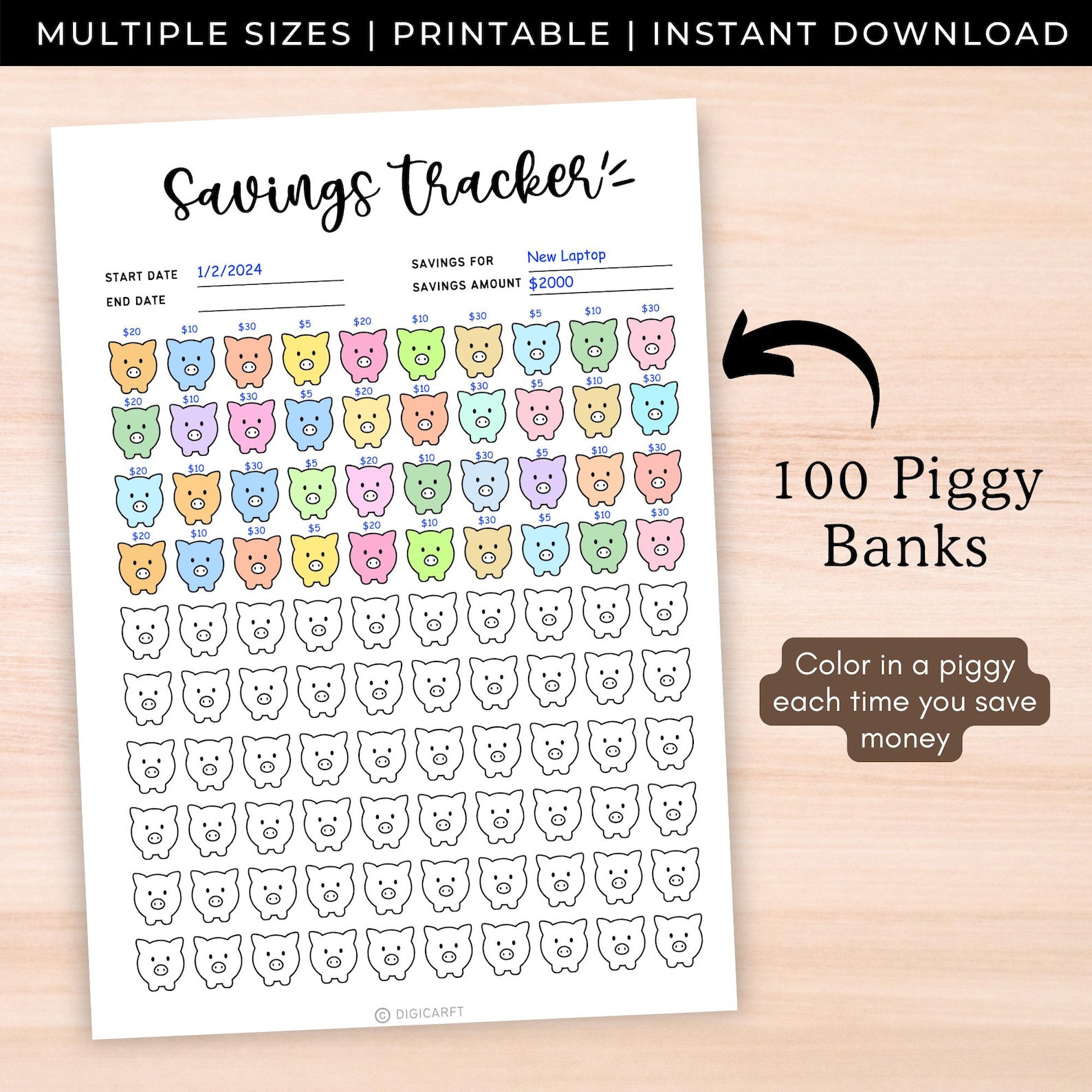 Piggy Bank Savings Tracker Coloring Printable,digital Savings Tracker ...