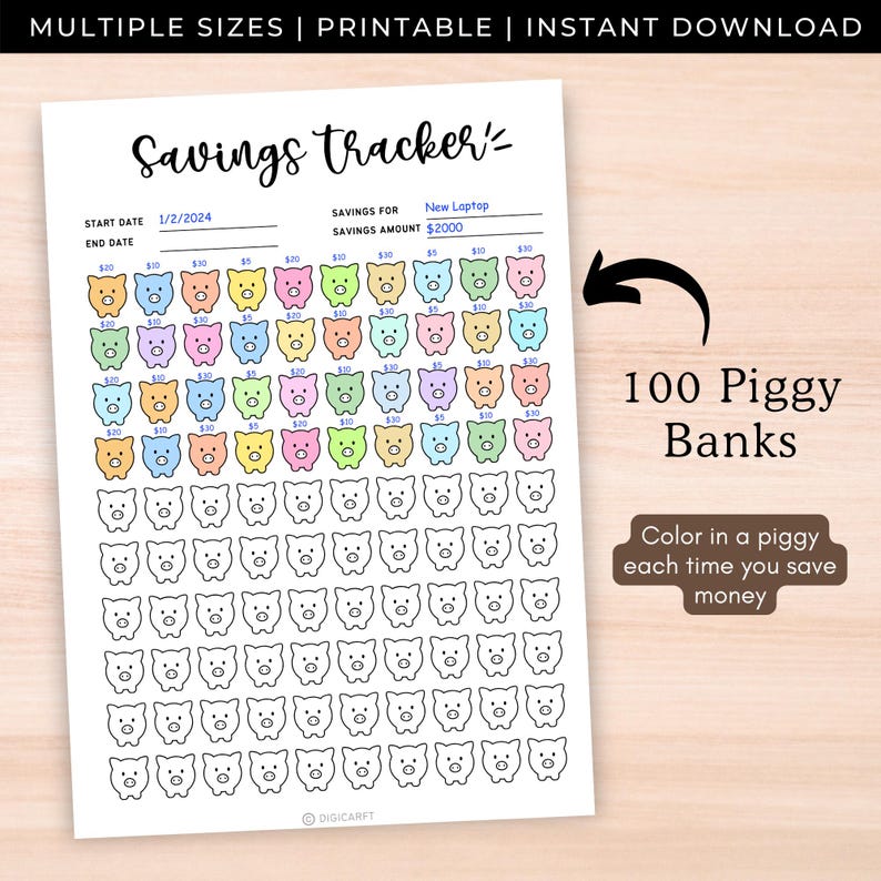 Piggy Bank Savings Tracker Coloring Printable,digital Savings Tracker ...