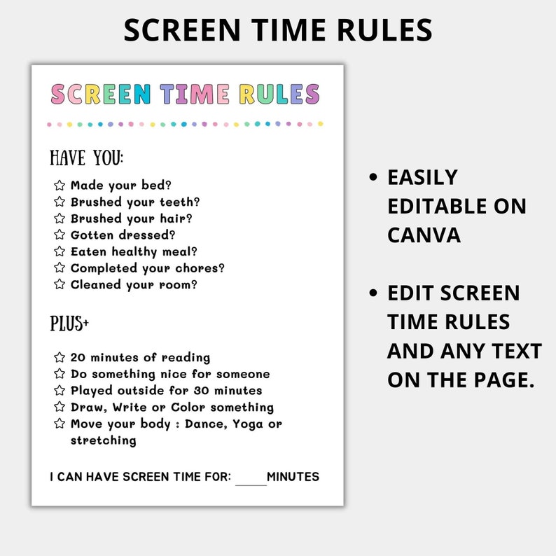 Editable Screen Time Checklist, Screen Time Rules,screen Time Chore ...