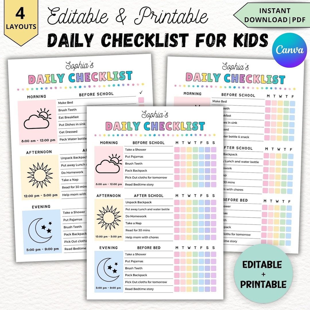Editable Kids Daily and Weekly Chore Chart,daily Checklist for Kids ...