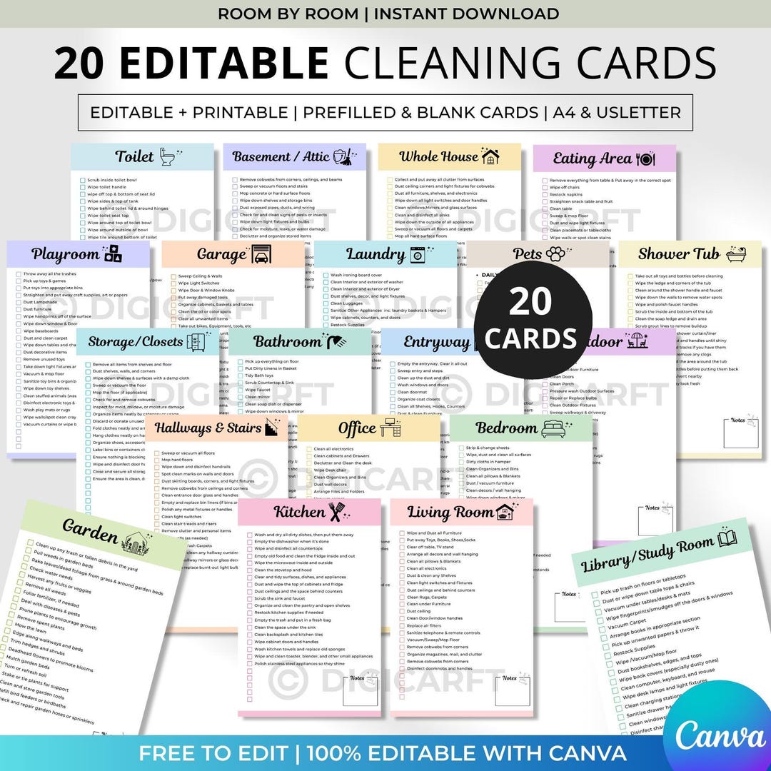 Editable Adhd Cleaning Checklist by Room,family Cleaning Cards,room by ...