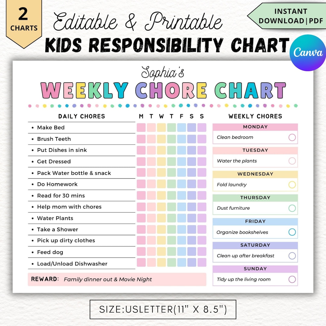 Editable Weekly Chore Chart for Kids Canva,printable Kids Chores ...