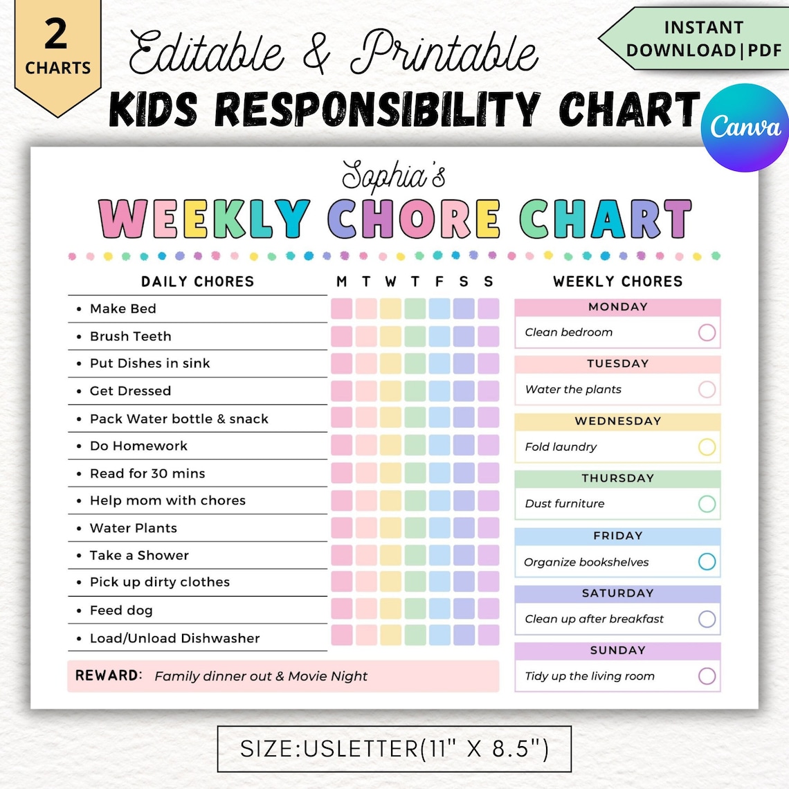 Editable Weekly Chore Chart for Kids Canva,printable Kids Chores ...