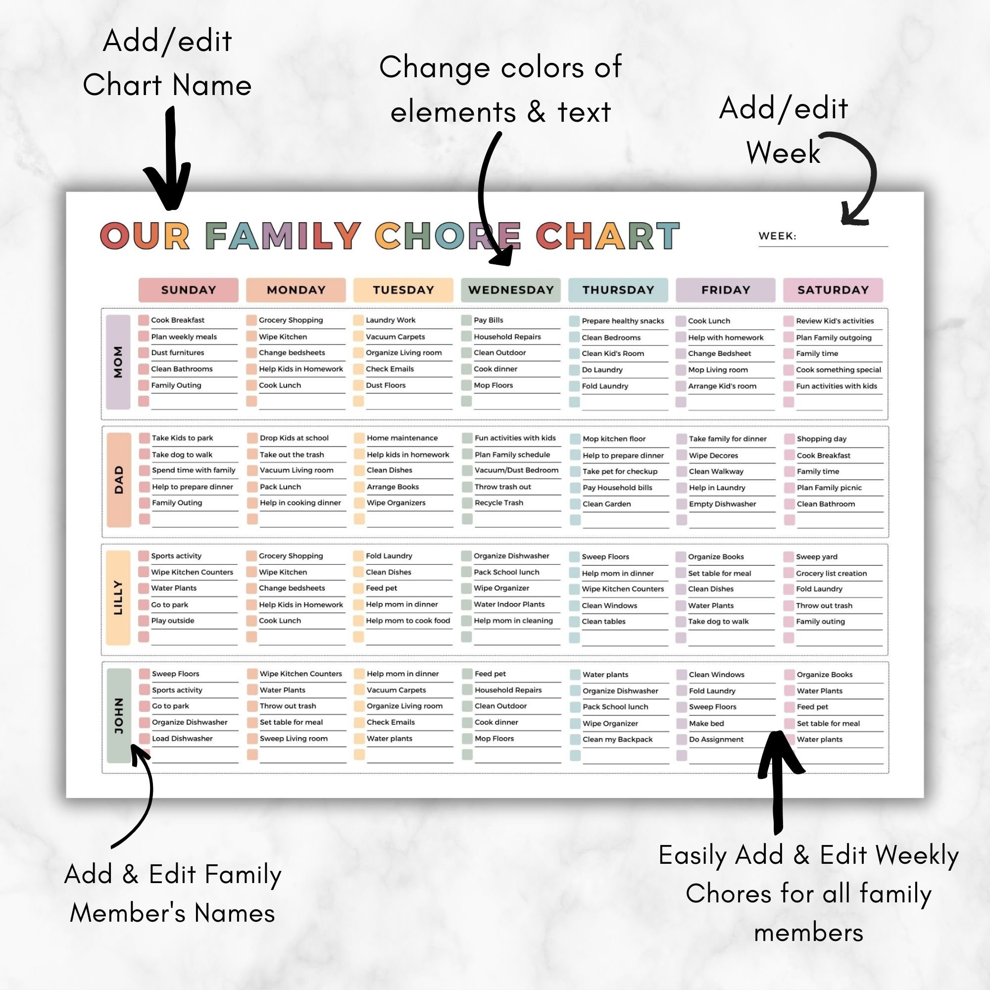 Editable Family Chore Chart: Weekly Planner, Canva Template (digital ...