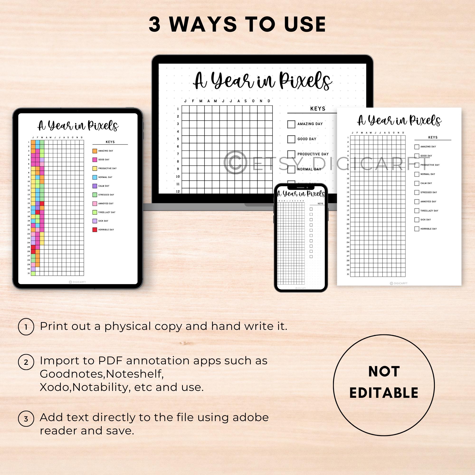 A Year in Pixels Journal Printable,yearly Tracker Digital Download,year ...