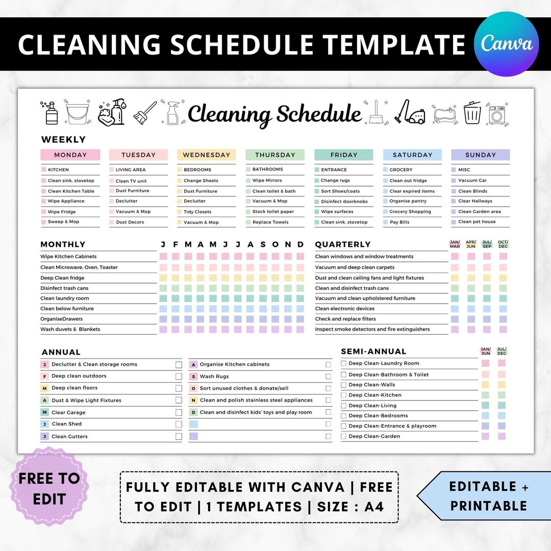 Buy Editable Cleaning Schedule Checklist Canva Adhd,home Cleaning ...