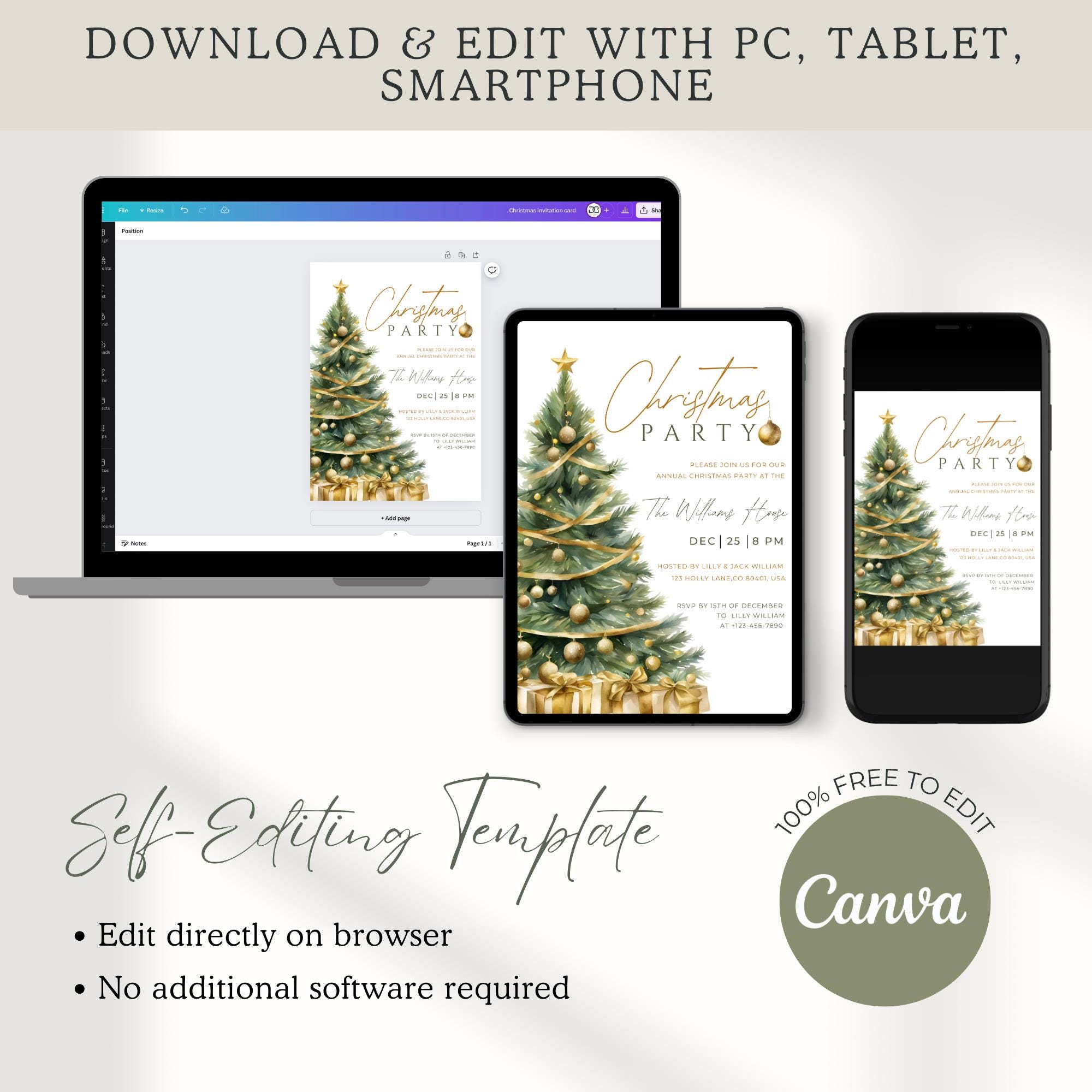 Editable Christmas Party Invitations Template,gold Christmas Dinner ...