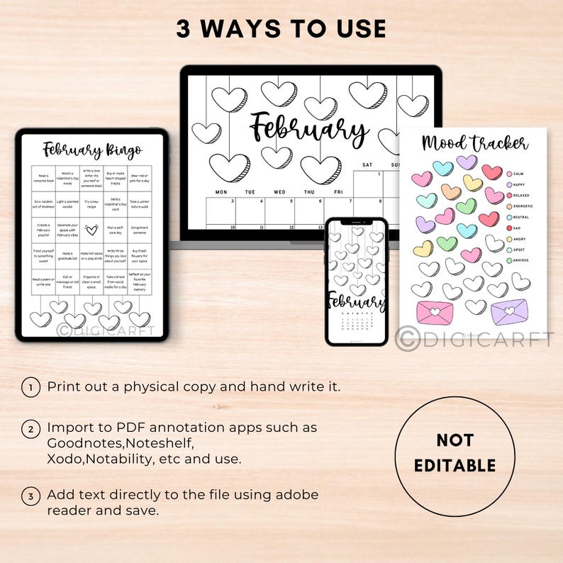 February Journal Bundle Printable,february Monthly Calendar,heart Mood ...