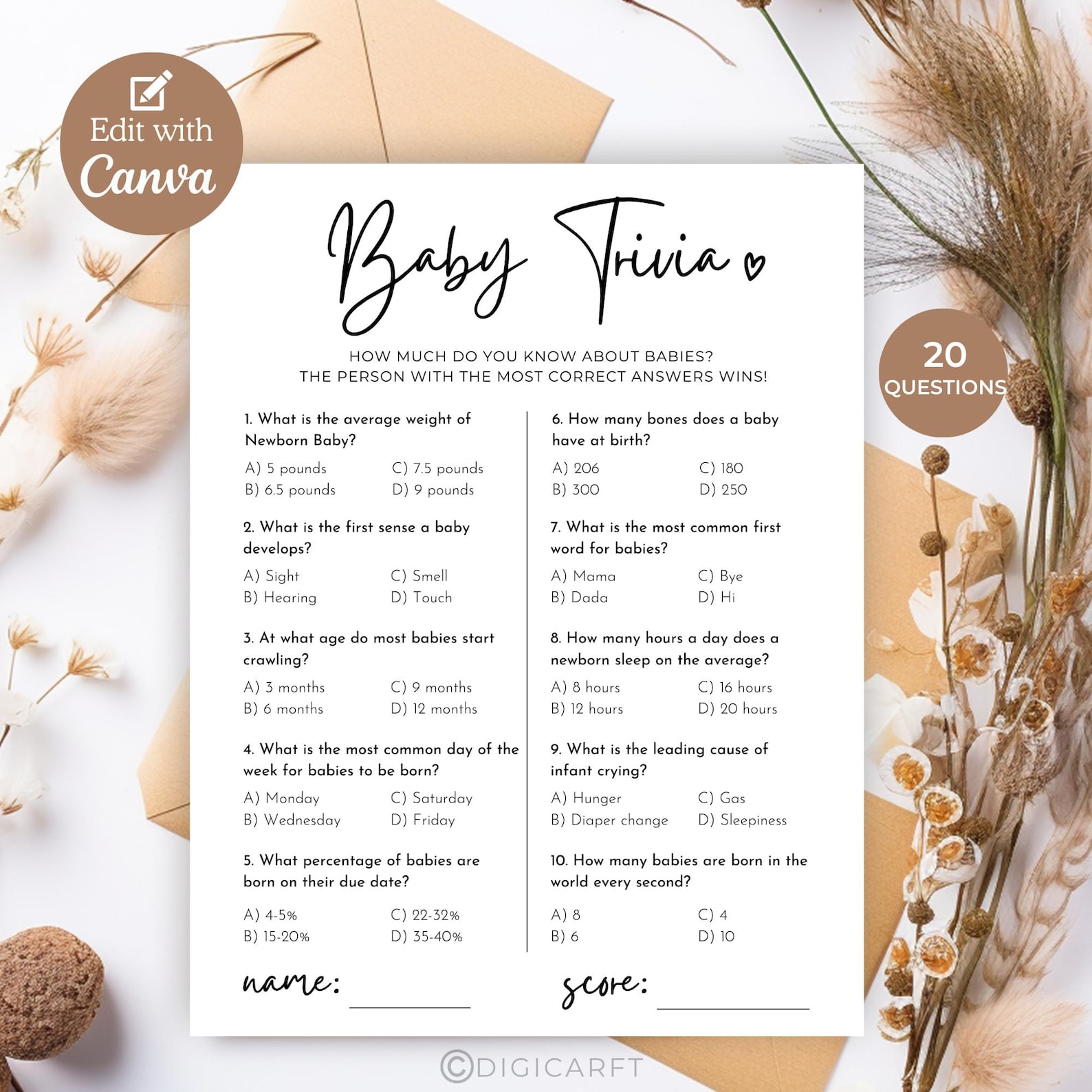 Baby Shower Trivia Cute Games Printable,editable Baby Shower Activity ...