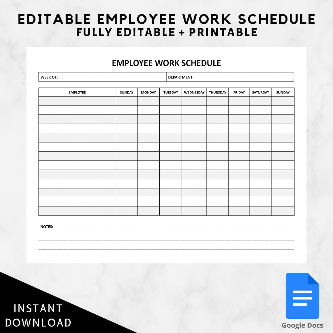 Employee Work Schedule Template,employee Weekly Schedule Editable ...