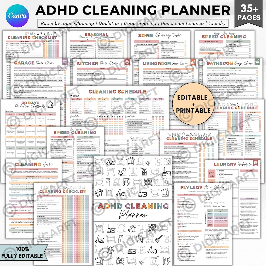 ADHD Cleaning Planner Bundle Editabl,home Cleaning Schedule,ultimate ...