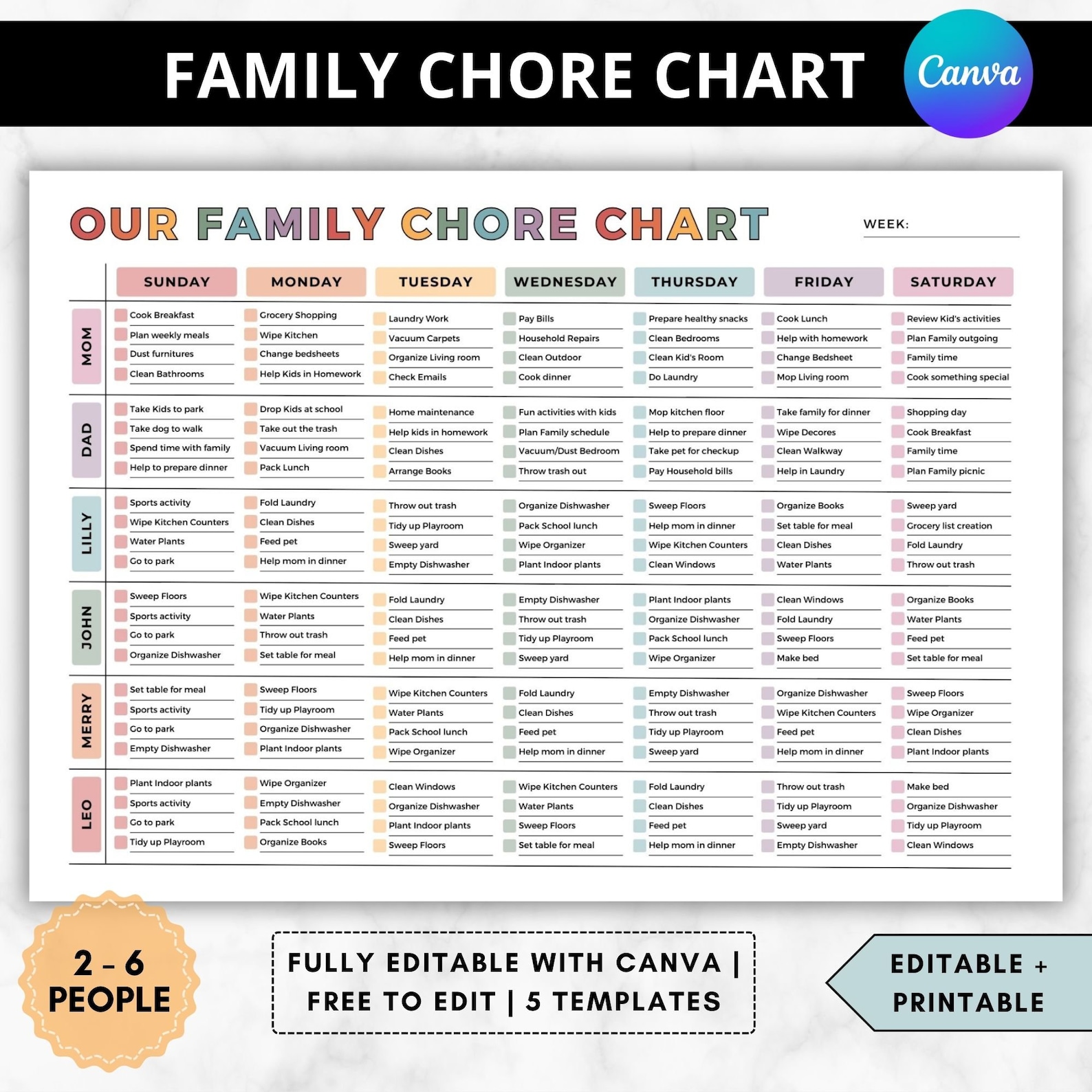 Editable Family Chore Chart: Weekly Planner, Canva Template (digital ...