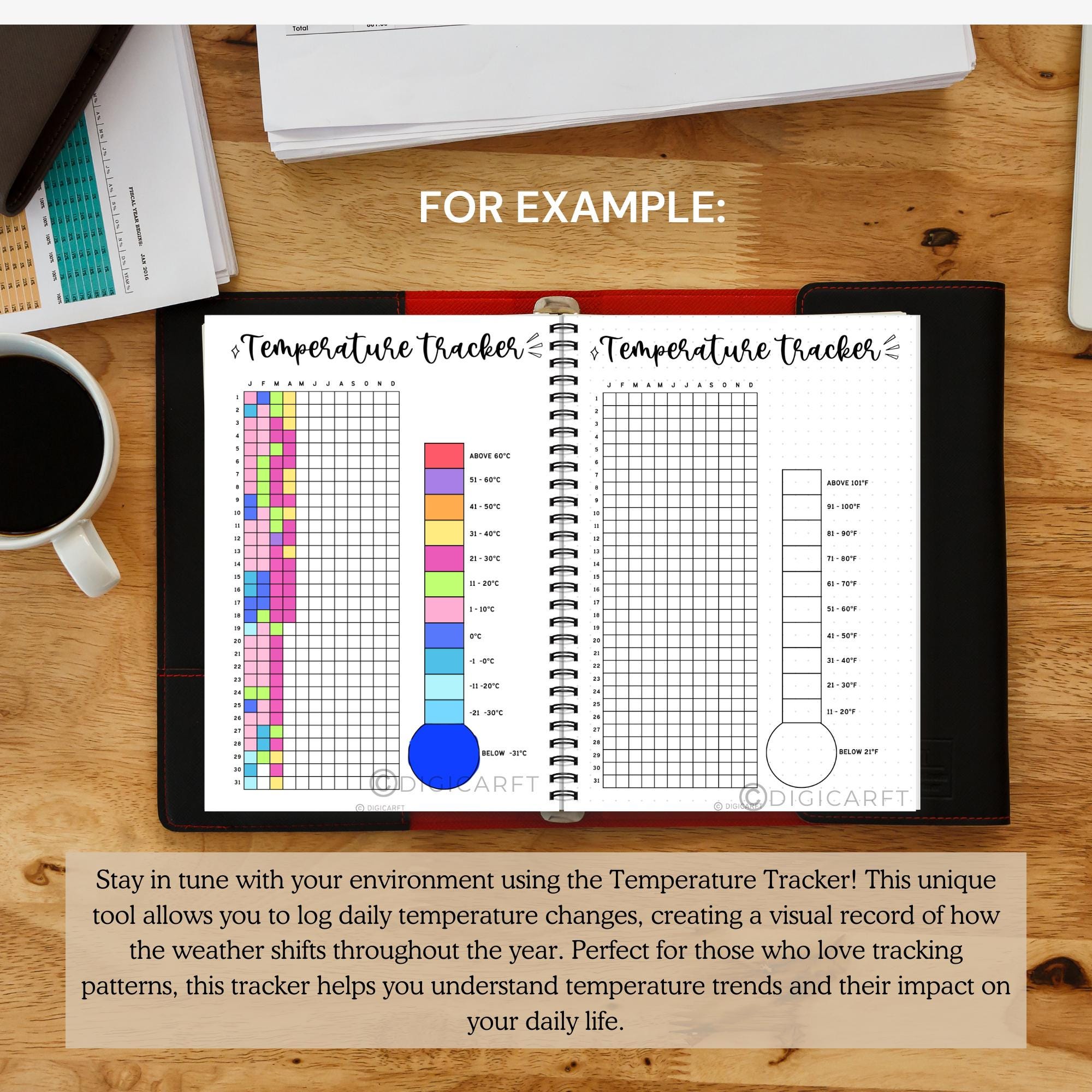 Temperature Tracker Journal,temperature Log Fahrenheit Celsius,yearly ...
